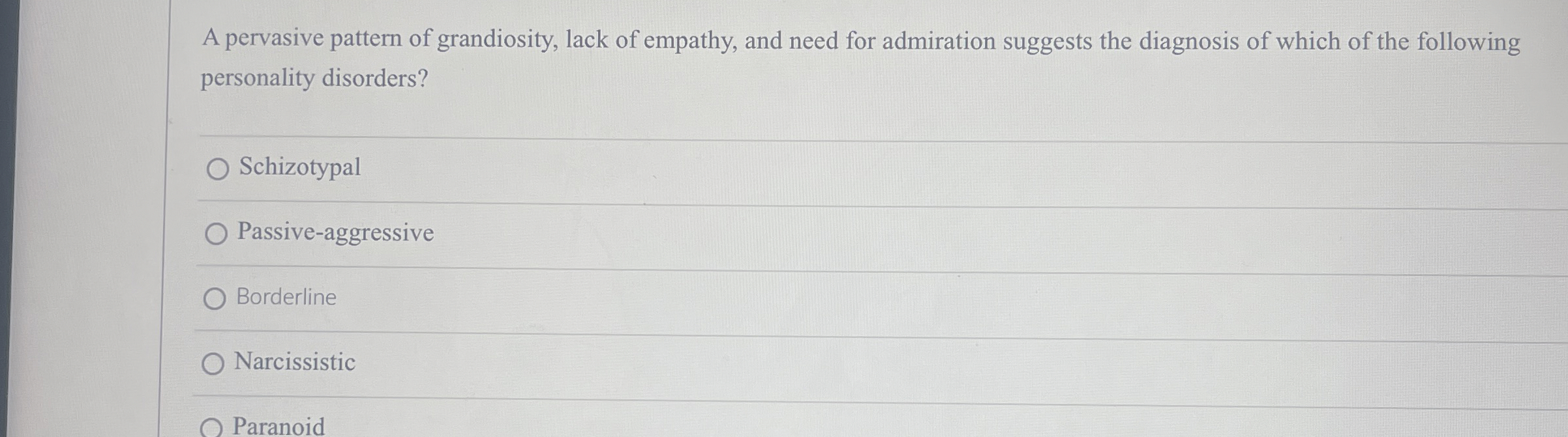 Solved A pervasive pattern of grandiosity, lack of empathy, | Chegg.com
