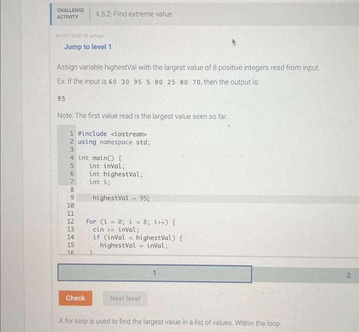 Solved Jump to level 1 Assign variable highestVal with the | Chegg.com