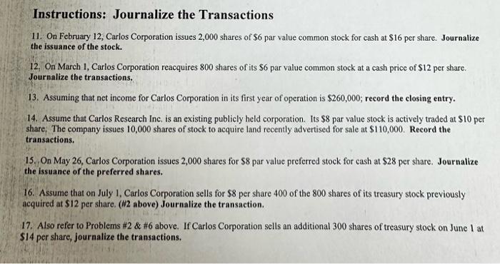 Solved Instructions: Journalize the Transactions 11. On | Chegg.com