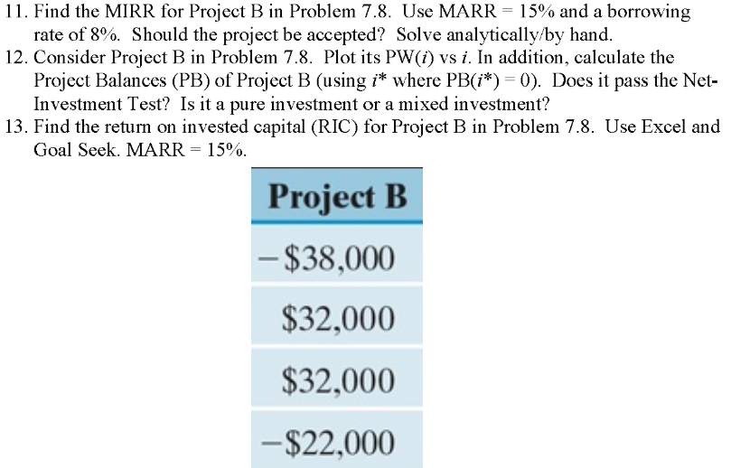 Solved Find the MIRR for Project B in Problem 7.8. ﻿Use MARR | Chegg.com