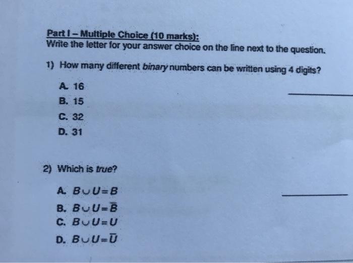 Solved Part 1 - Multiple Choice (10 marks): Write the letter | Chegg.com