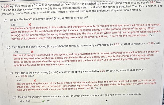 Solved .60 kg block rests on a frictionless horizontal | Chegg.com