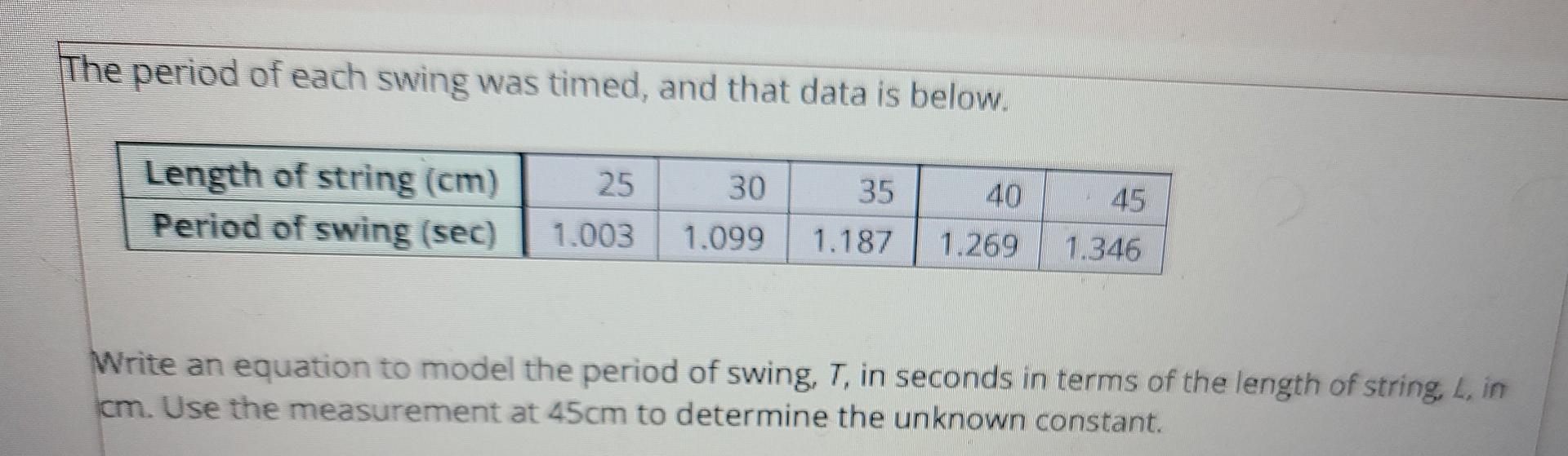 Solved The period of each swing was timed, and that data is | Chegg.com