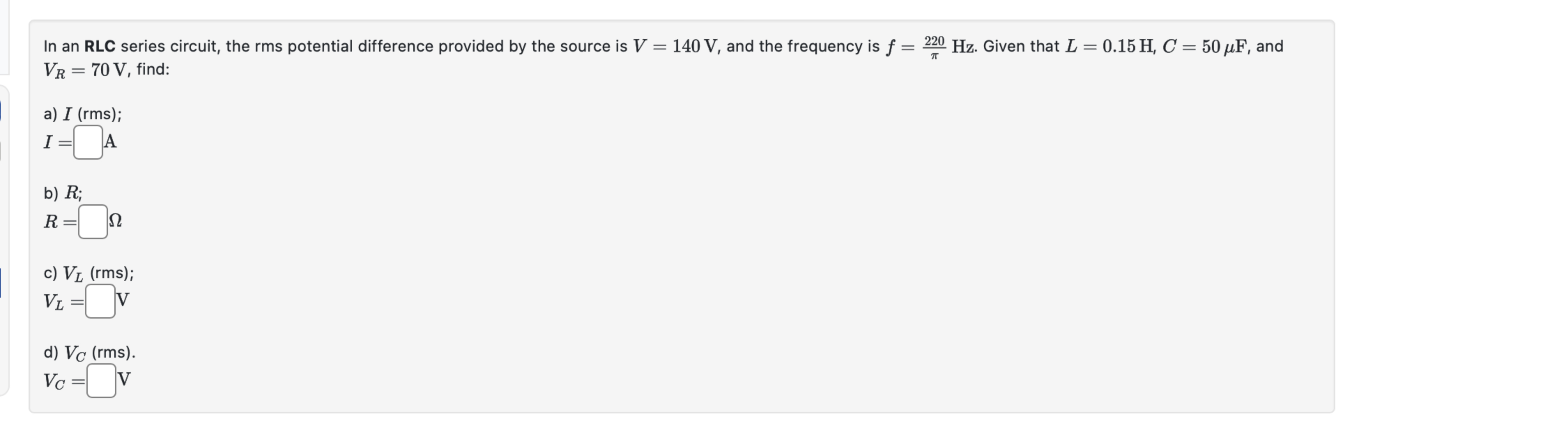 Solved In an RLC series circuit, the rms potential | Chegg.com