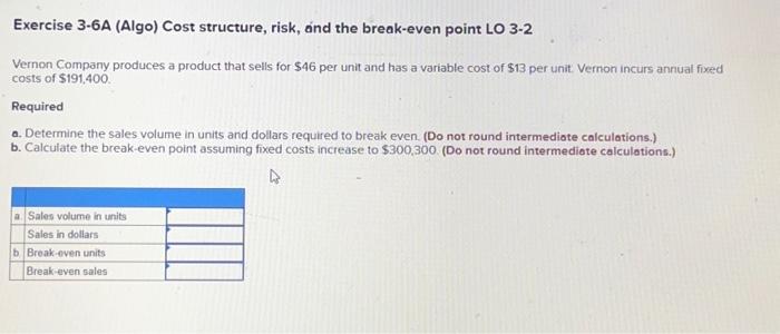 Solved Exercise 3-6A (Algo) Cost structure, risk, and the | Chegg.com