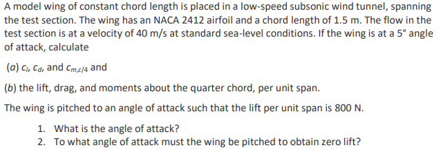Solved A model wing of constant chord length is placed in a | Chegg.com