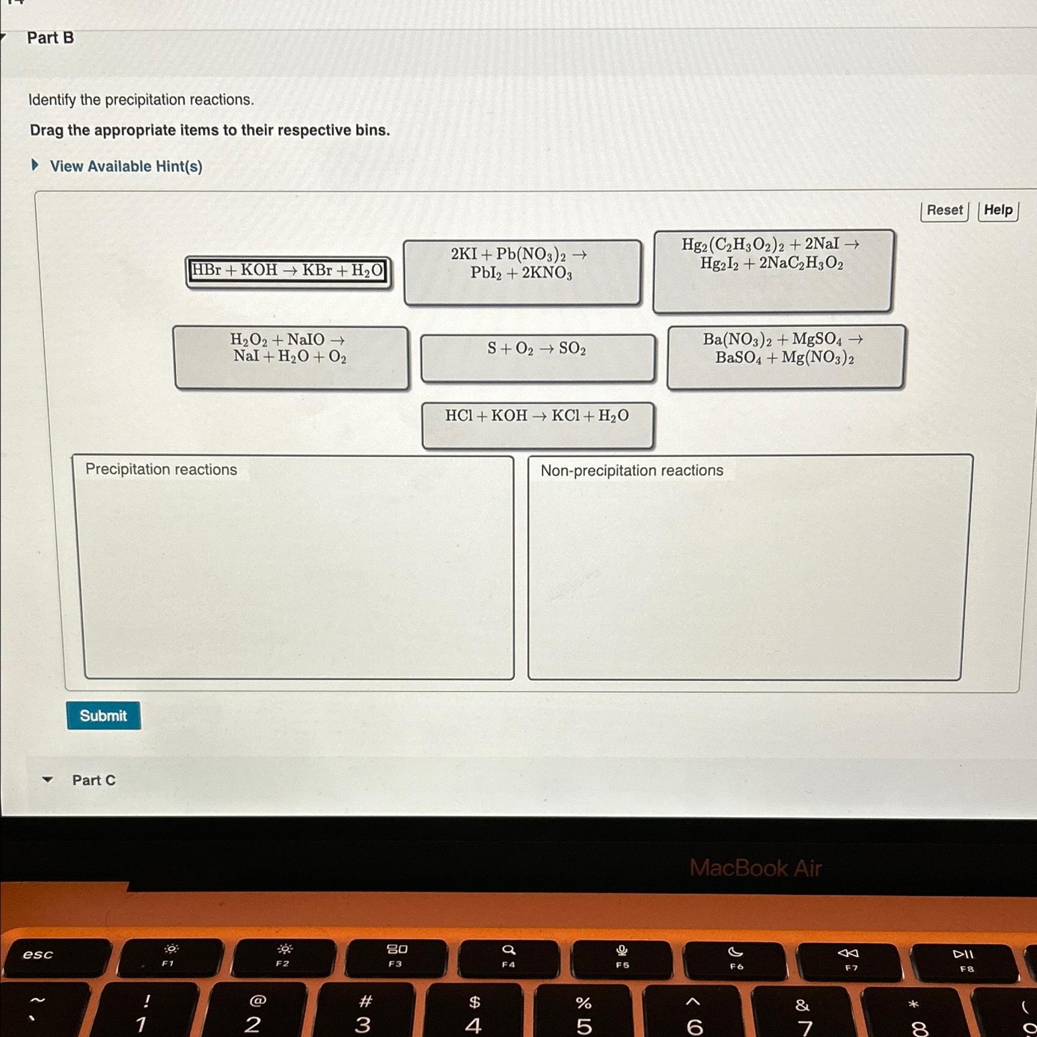 Solved Part BIdentify the precipitation reactions.Drag the | Chegg.com