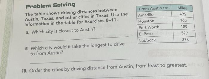Solved Problem Solving The table shows driving distances | Chegg.com