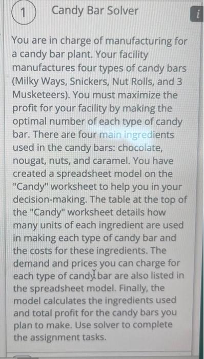 Solved Candy Bar Solver You are in charge of manufacturing | Chegg.com