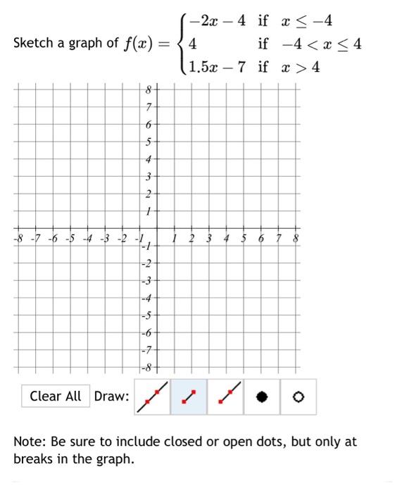 Solved Sketch a graph of f(x)=⎩⎨⎧−2x−441.5x−7 if x≤−4 if −4 | Chegg.com