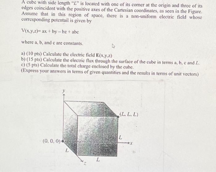 Solved A cube with side length " L " is located with one of | Chegg.com