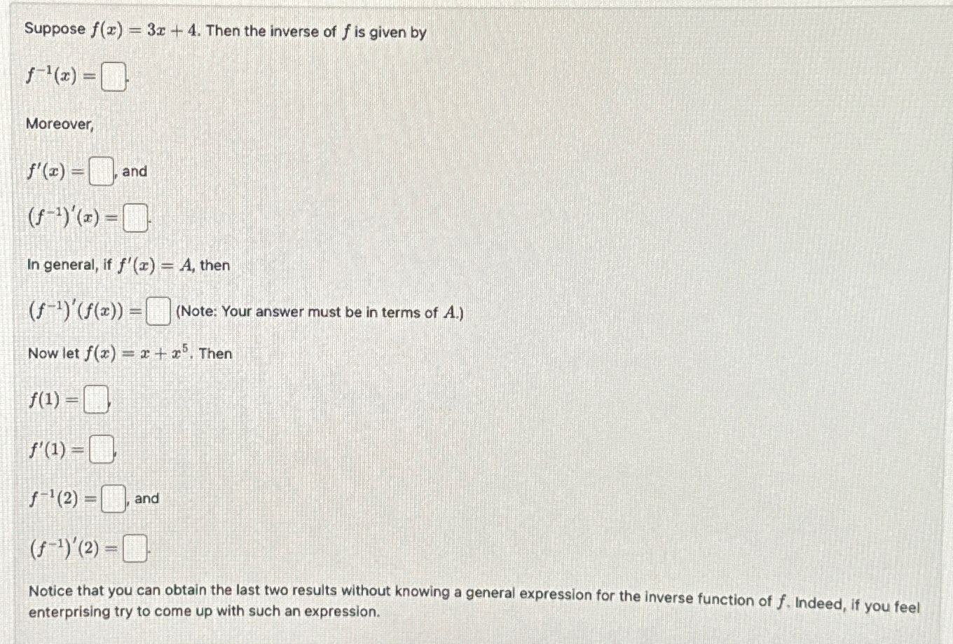 Solved Suppose f(x)=3x+4. ﻿Then the inverse of f ﻿is given | Chegg.com