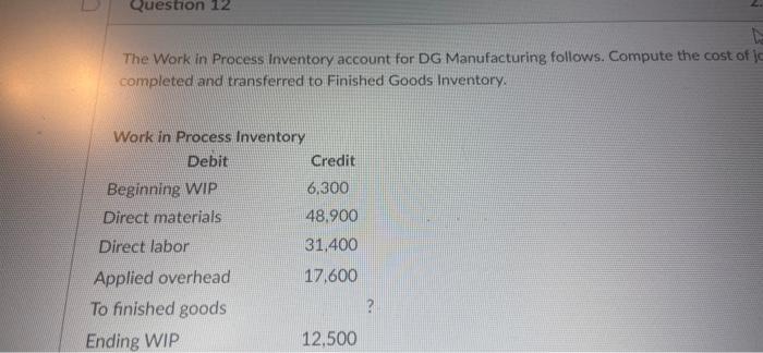 Solved Question 12 N The Work in Process Inventory account | Chegg.com