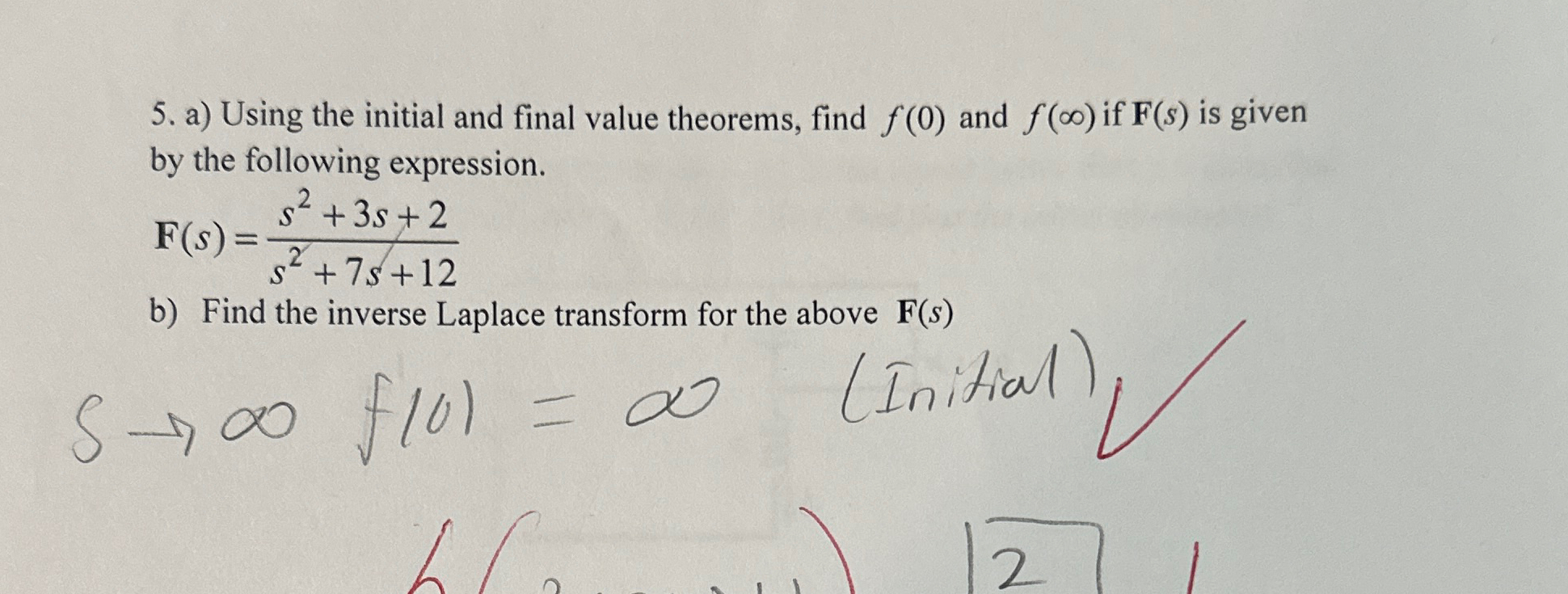 a) ﻿Using the initial and final value theorems, find | Chegg.com