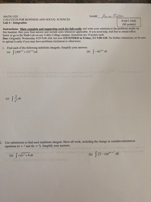 Solved MATH 1325 NAME_Ano Bielles CALCULUS FOR BUSINESS AND | Chegg.com