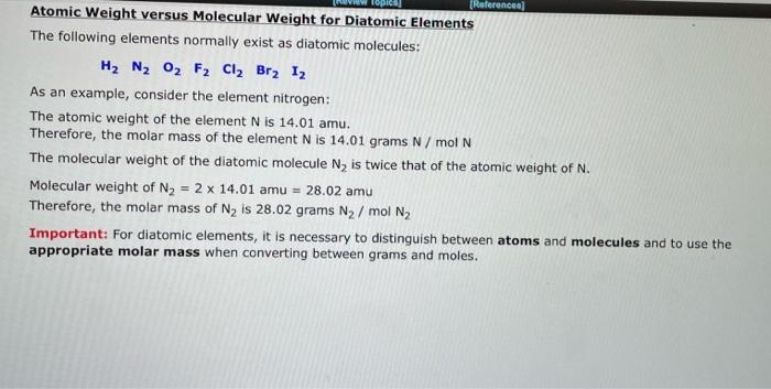 Solved Atomic Weight versus Molecular Weight for Diatomic | Chegg.com