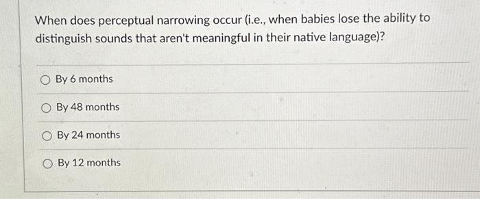 Solved When does perceptual narrowing occur (i.e., when | Chegg.com