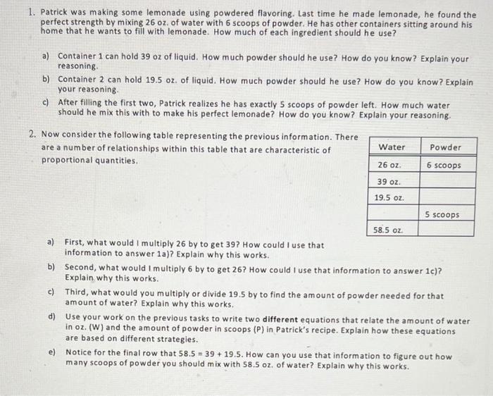 Solved 1. Patrick was making some lemonade using powdered | Chegg.com