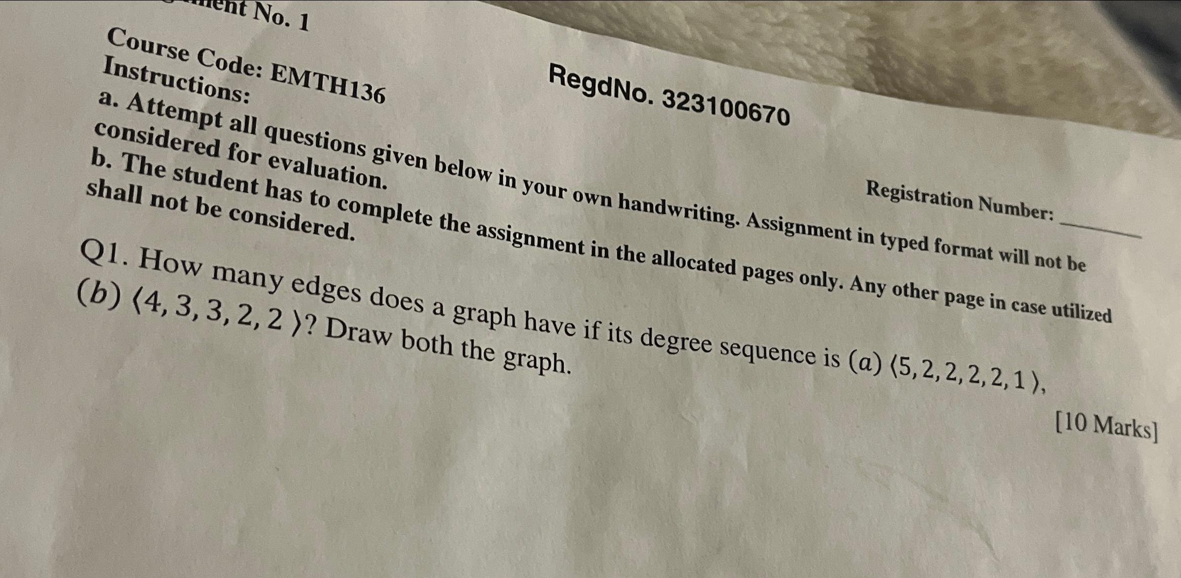 Solved RegdNo. 323100670Course Code: EMTH136Instructions:a. | Chegg.com