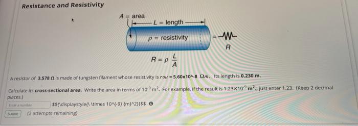 Solved Resistance and Resistivity Aarea L = length Po | Chegg.com