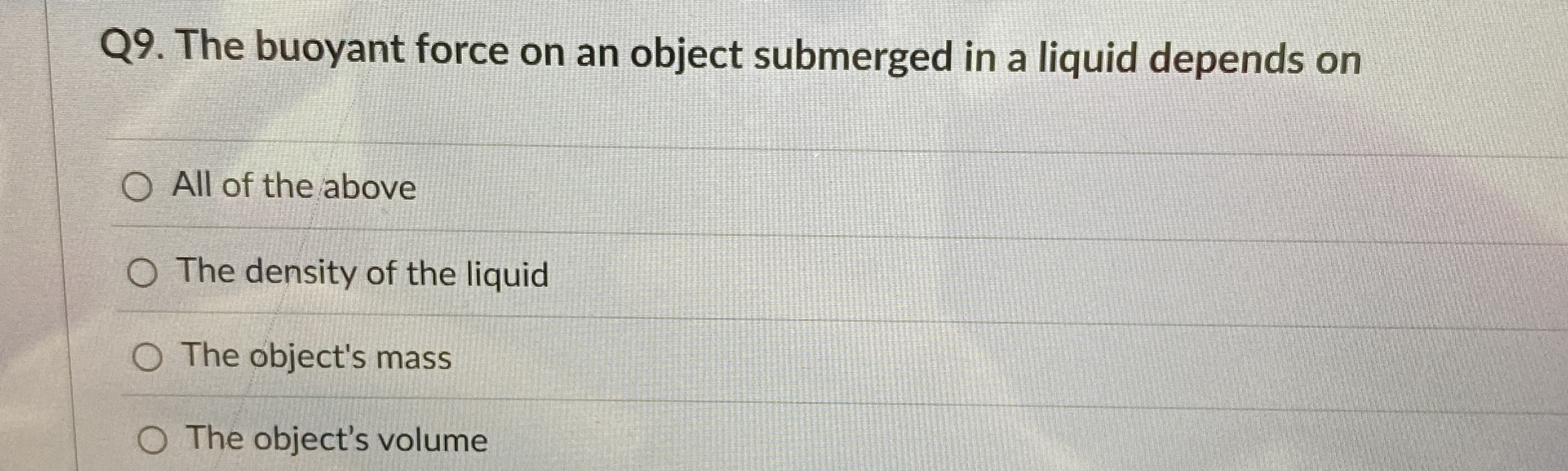 Solved Q9. ﻿The buoyant force on an object submerged in a | Chegg.com