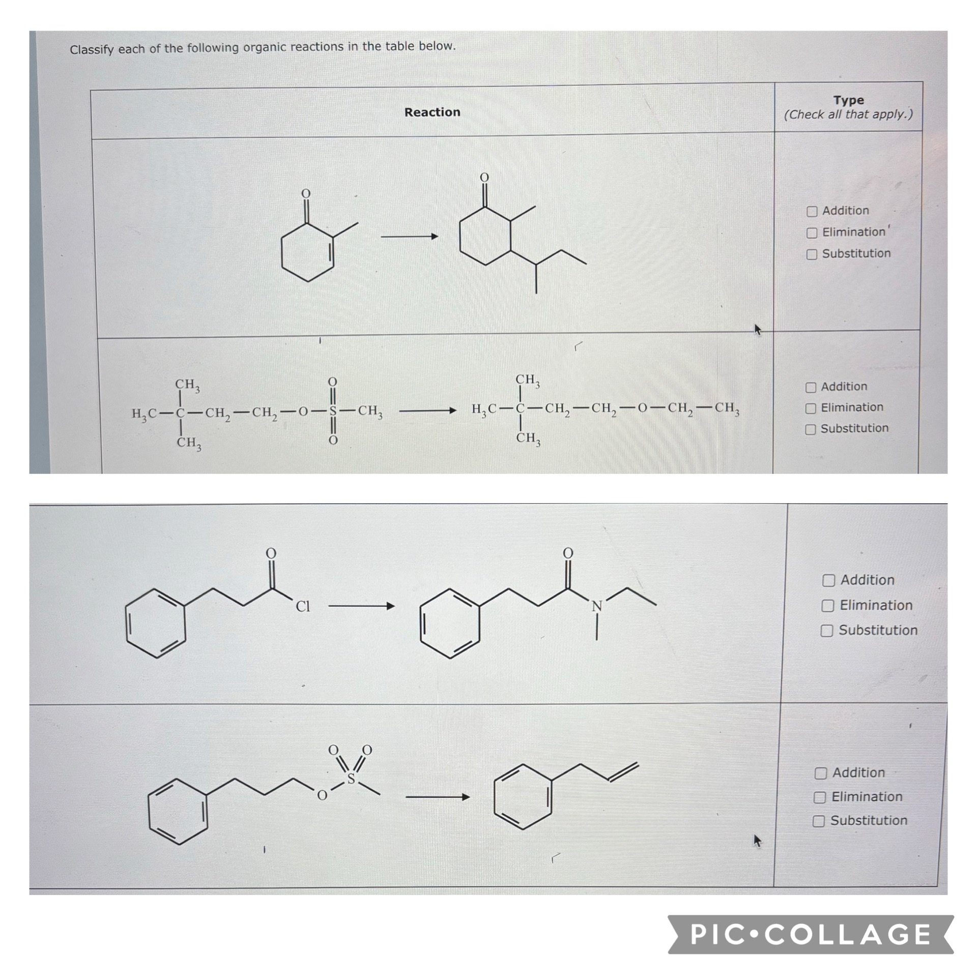 Solved Classify each of the following organic reactions in | Chegg.com