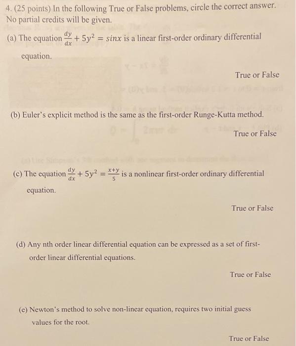 Solved 4. ( 25 points) In the following True or False | Chegg.com