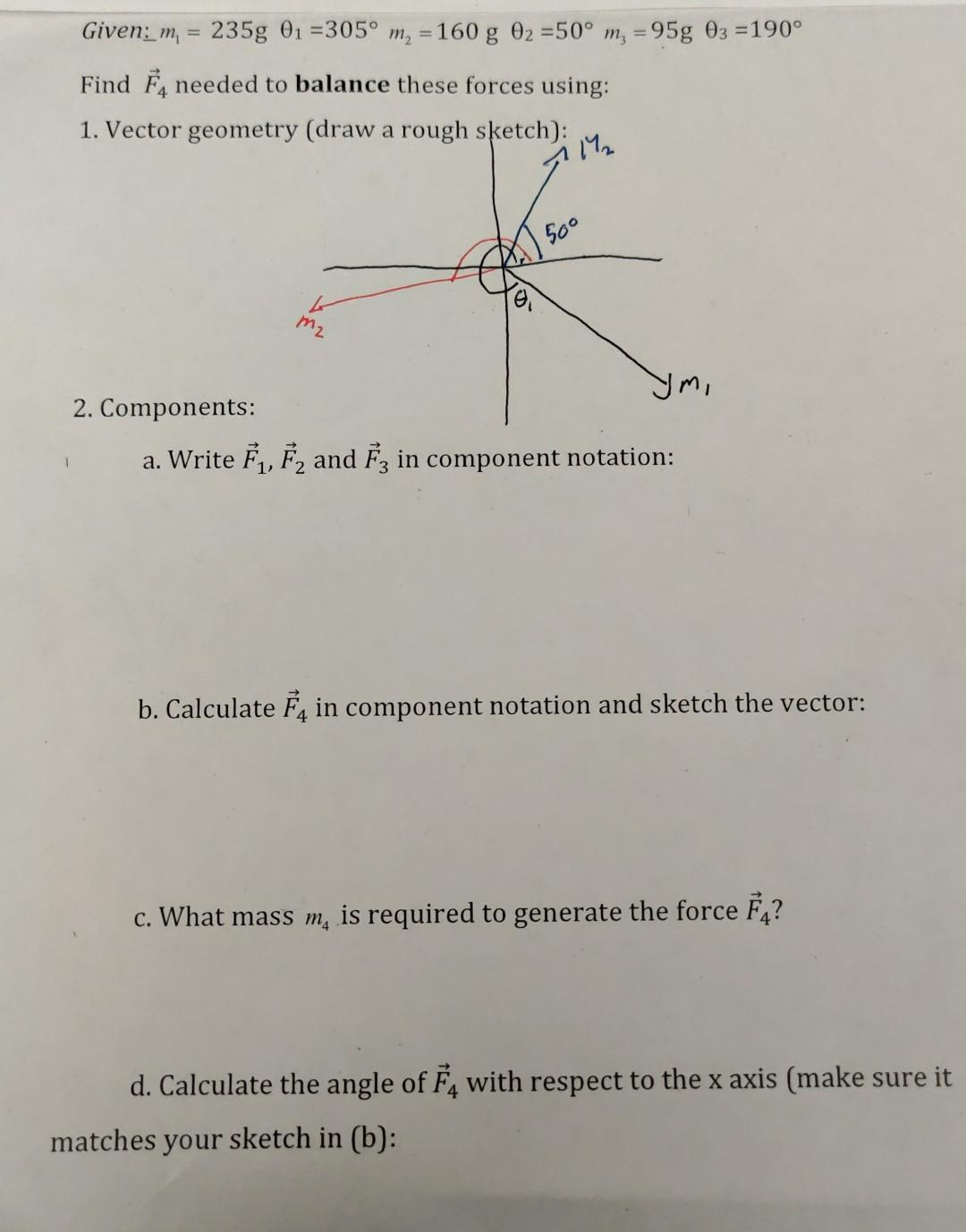 given: m1= 235g θ1=305 degrees m2=160g θ2=50 degrees | Chegg.com