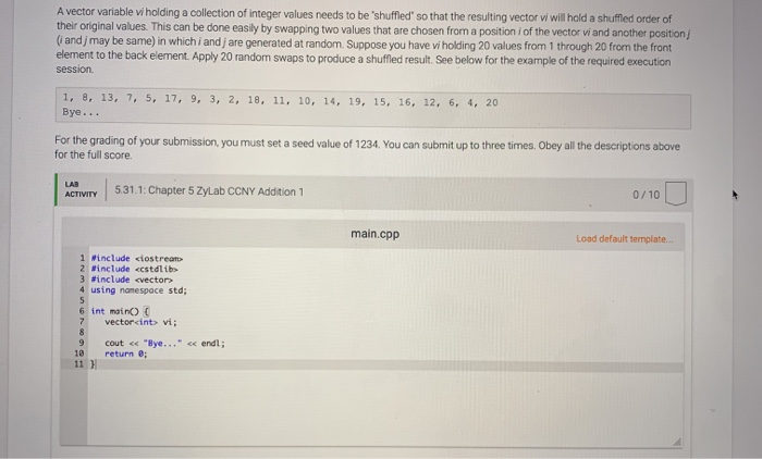 Solved A vector variable vi holding a collection of integer | Chegg.com