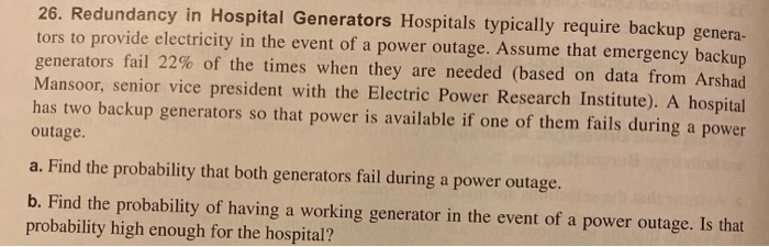 Solved 26. Redundancy in Hospital Generators Hospitals | Chegg.com