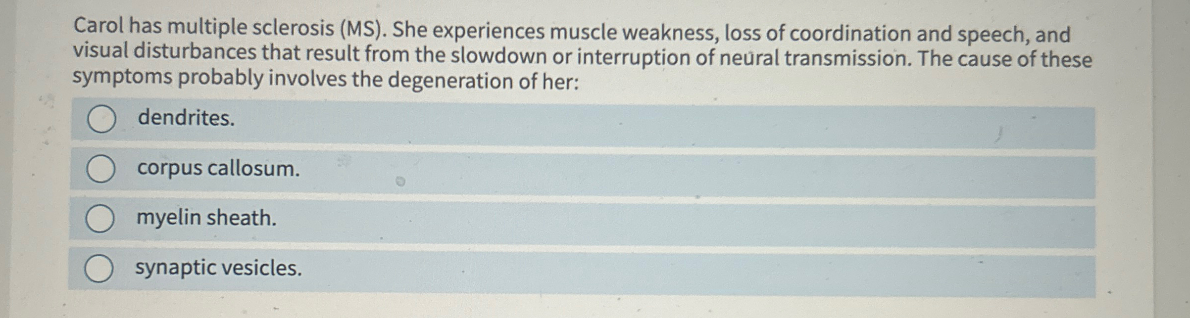 Solved Carol has multiple sclerosis (MS). ﻿She experiences | Chegg.com