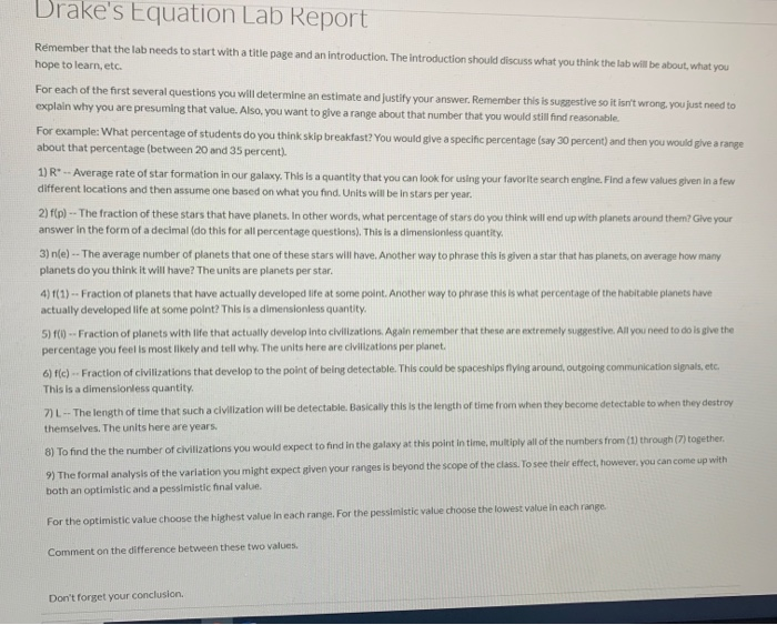 Solved Drake's Equation Lab Report Remember that the lab | Chegg.com