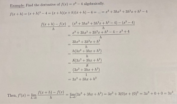 Solved Example: Find the derivative of f(x) = x3 - 4 | Chegg.com Solved Example: Find the derivative of f(x) = x3 - 4 | Chegg.com