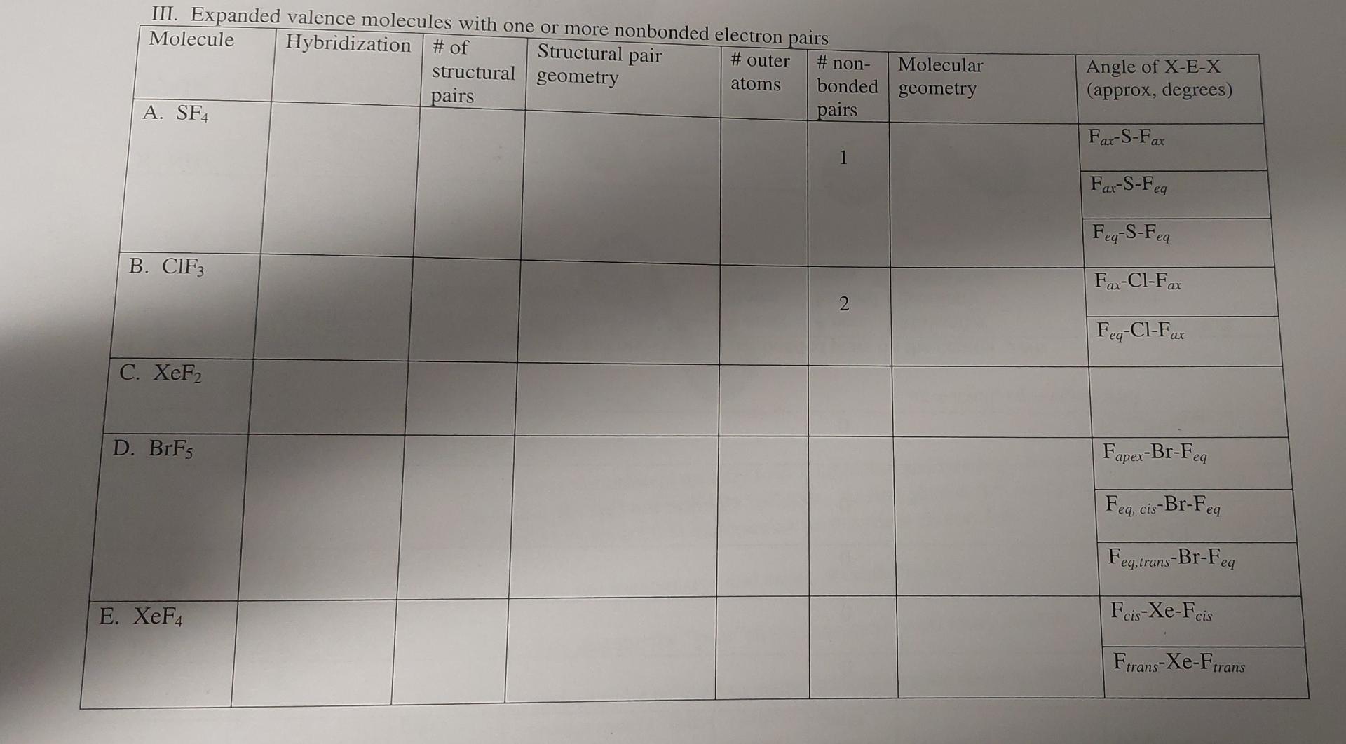 Solved III. Expanded valence molecules with one or more | Chegg.com