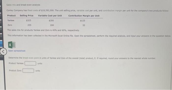 Solved Sales mand break-even analysis Conley Company has | Chegg.com