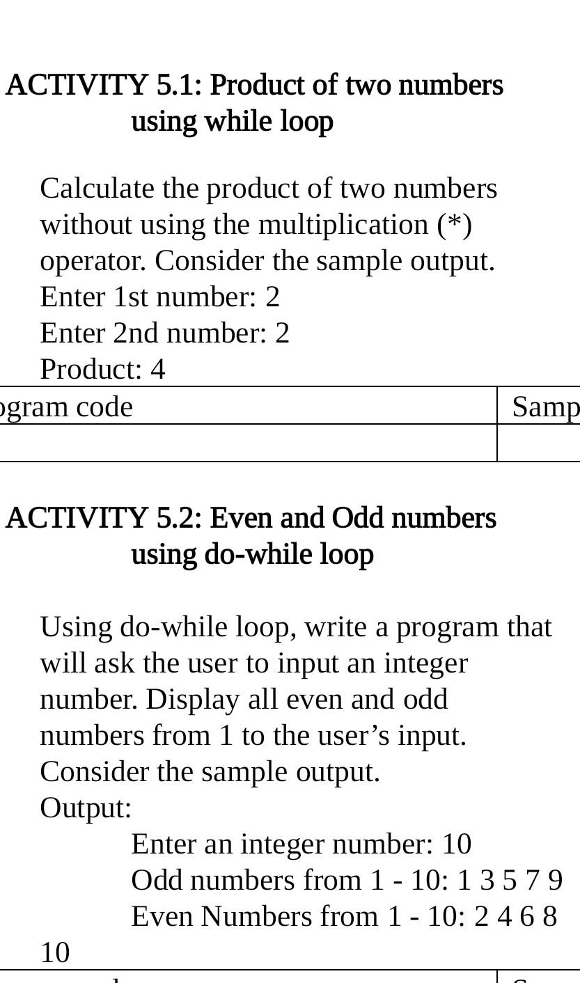 Solved ACTIVITY 5 1 Product Of Two Numbers Using While Loop Chegg