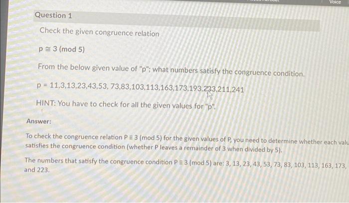 Solved Check the given congruence relation p≅3(mod5) From | Chegg.com