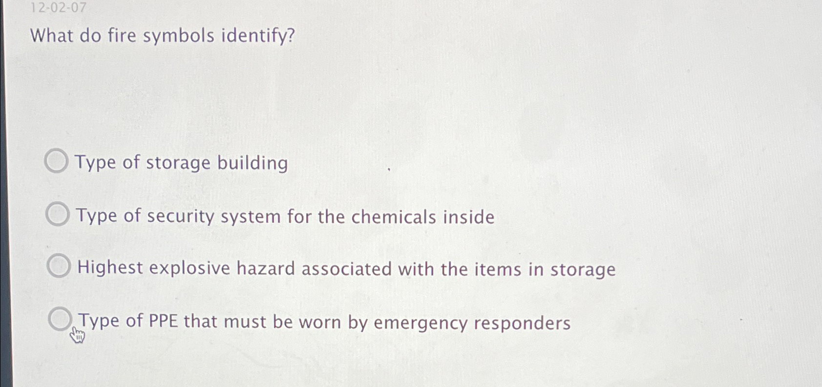 Solved 12-02-07What do fire symbols identify?Type of storage | Chegg.com Solved 12-02-07What do fire symbols identify?Type of storage | Chegg.com