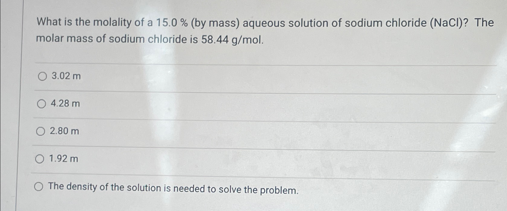 Solved What is the molality of a 15.0% (by mass) ﻿aqueous | Chegg.com