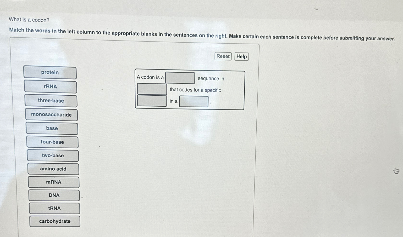 Solved What is a codon?Match the words in the left column to | Chegg.com