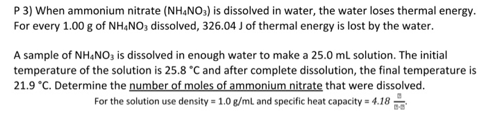 Solved P 3) When ammonium nitrate (NH4NO3) is dissolved in | Chegg.com