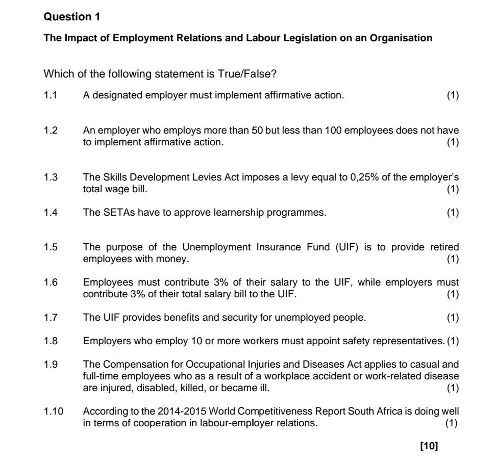 Solved Question 1 The Impact of Employment Relations and | Chegg.com