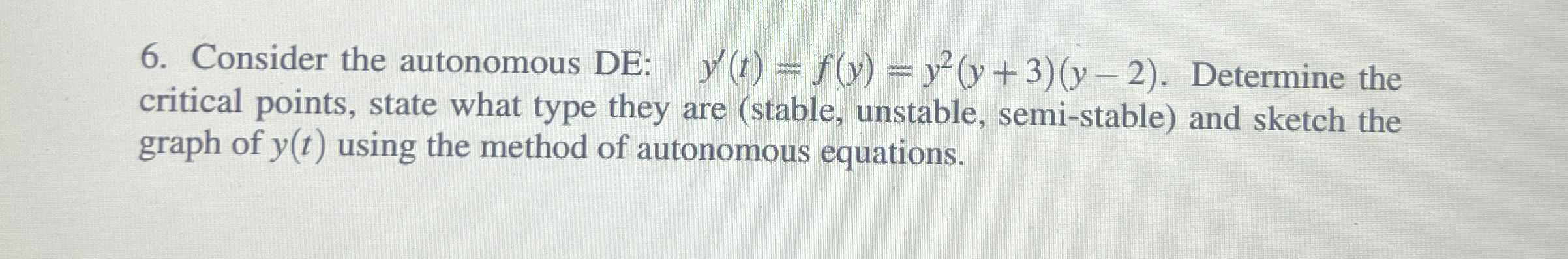 Consider the autonomous DE: y'(t)=f(y)=y2(y+3)(y-2). | Chegg.com