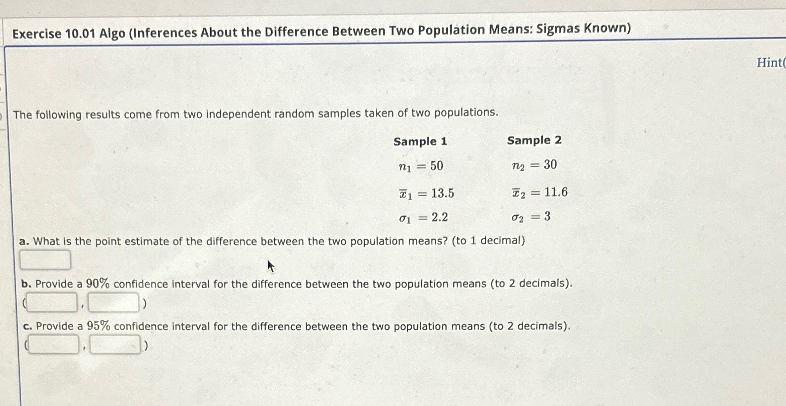 Solved Exercise 10.01 ﻿Algo (Inferences About the Difference | Chegg.com