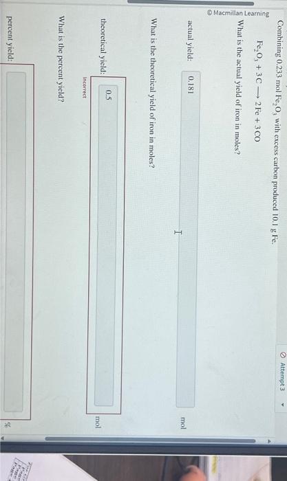 Solved Combining 0.233 molFe2O3 with excess carbon produced | Chegg.com