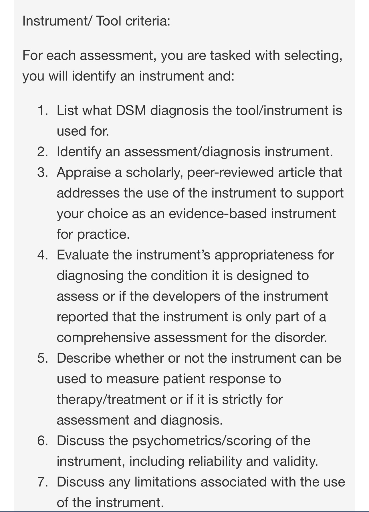 Solved Instrument/ ﻿Tool criteria:For each assessment, you | Chegg.com