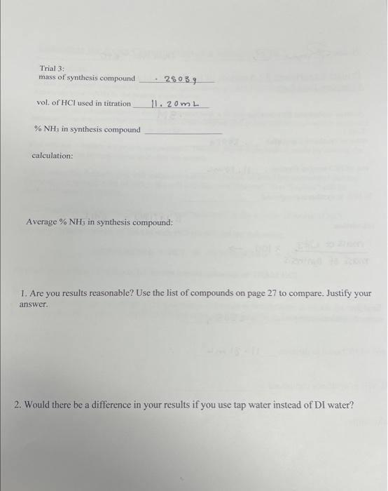 Solved Project Experiment 3 : Analysis of the %NH3 in a | Chegg.com