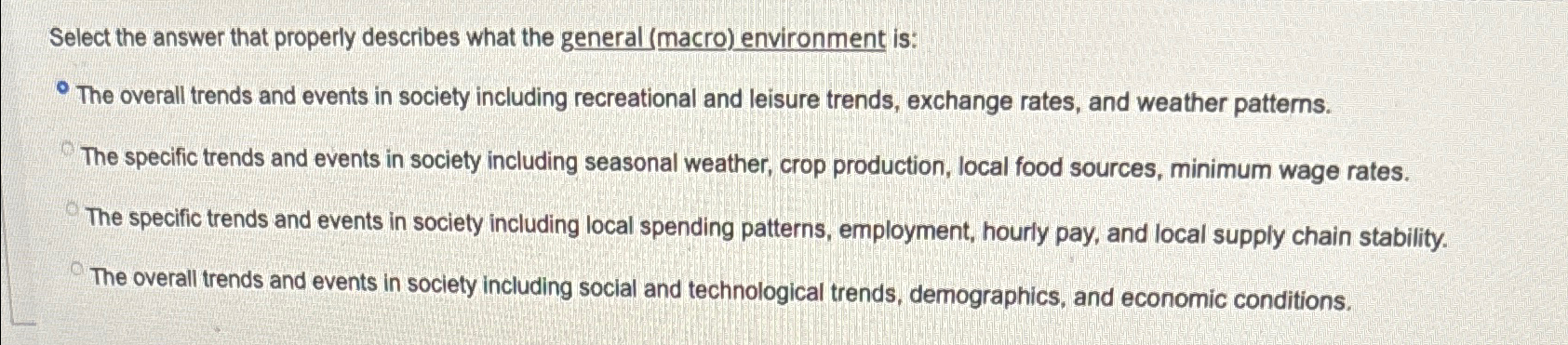 Solved Select the answer that properly describes what the | Chegg.com