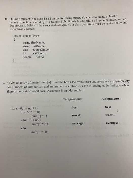 Solved 8. Define a studentType class based on the following | Chegg.com