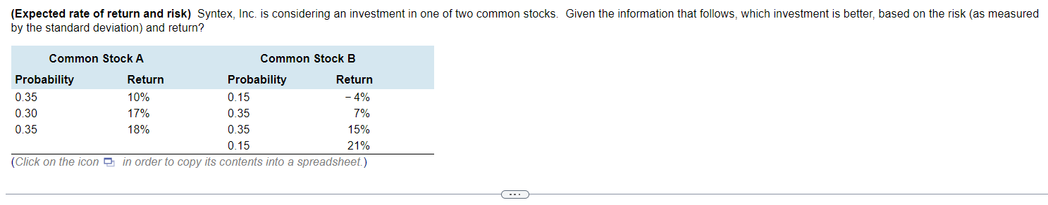 Solved (Expected rate of return and risk) ﻿Syntex, Inc. is | Chegg.com